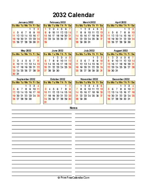 Download Printable 2032 Calendar Sunday Start Bottom With Notes Pdf