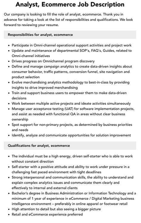 Analyst Ecommerce Job Description Velvet Jobs
