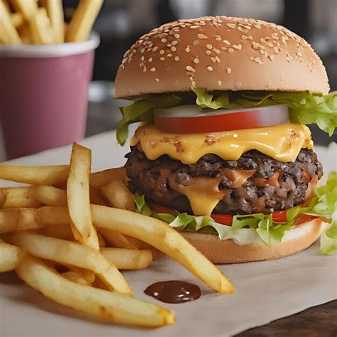 Premium Photo A Hamburger With Cheese And Fries On A Table