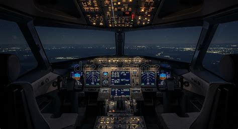 Modern Aircraft Cockpit At Night With City Lights Below Stock