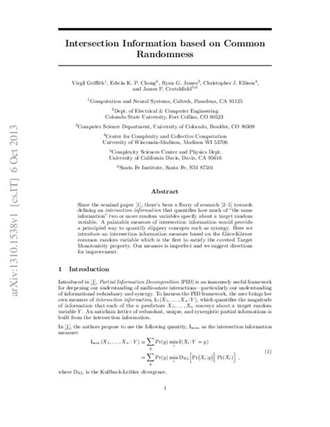 Pdf Intersection Information Based On Common Randomness
