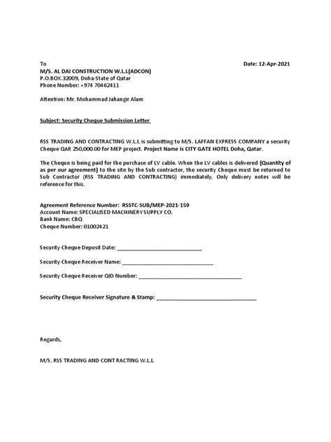 Security Cheque Submission Letter Pdf