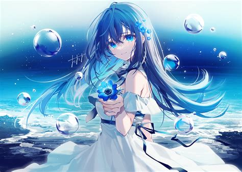 Aqua Eyes Blue Blue Hair Bubbles Dress Flowers Long Hair Original Oshio