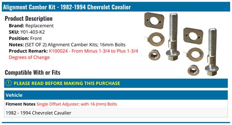 1982 1994 Chevrolet Cavalier Alignment Camber Kit Replacement Y01 403