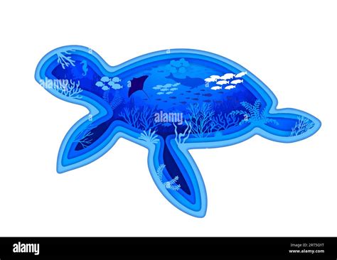 Sea Turtle Paper Cut Silhouette And Underwater Landscape Vector Ocean