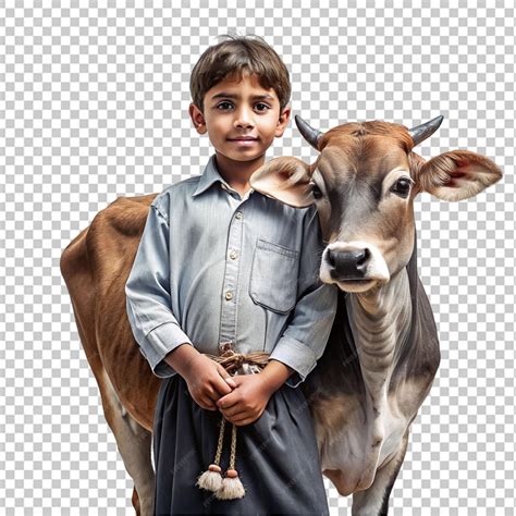 Premium Psd A Boy With A Cow And A Cow In The Background