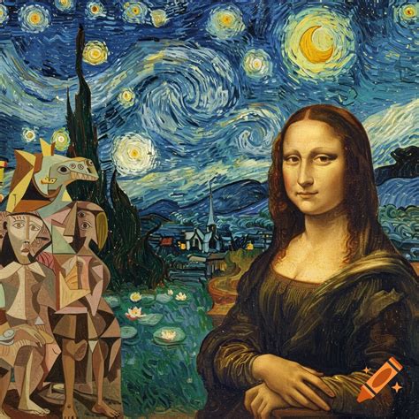 Mona Lisa Portrait Superimposed On Van Goghs Starry Night With Cubist
