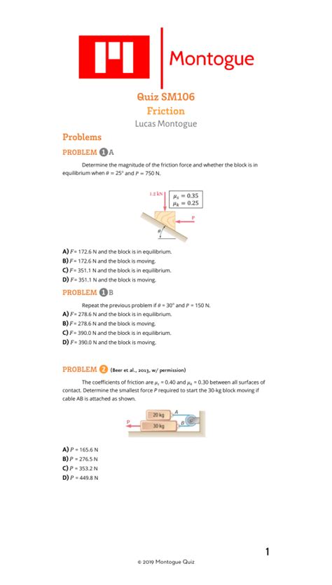 Friction Quiz Physics Problems And Solutions