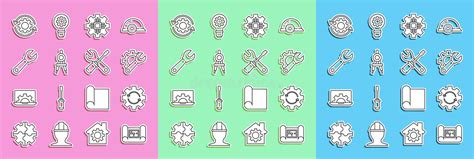 Set Line House Plan Gear And Arrows As Workflow Wrench Spanner Gear