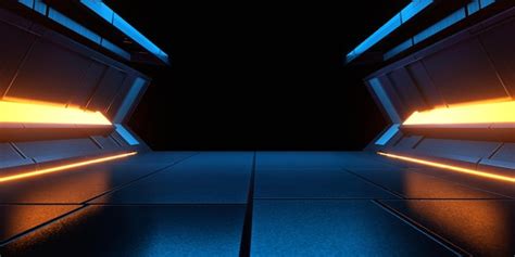 우주선 복도 블루 오렌지 네온 빛 복도 배경 사이버 펑크 개념의 3d 렌더링 프리미엄 사진