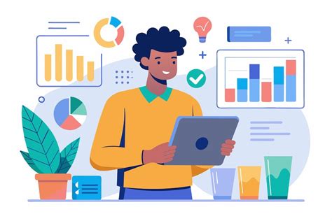 Premium Vector Man Analyzing Infographics On Tablet A Man With A Tablet Analyzes Infographics