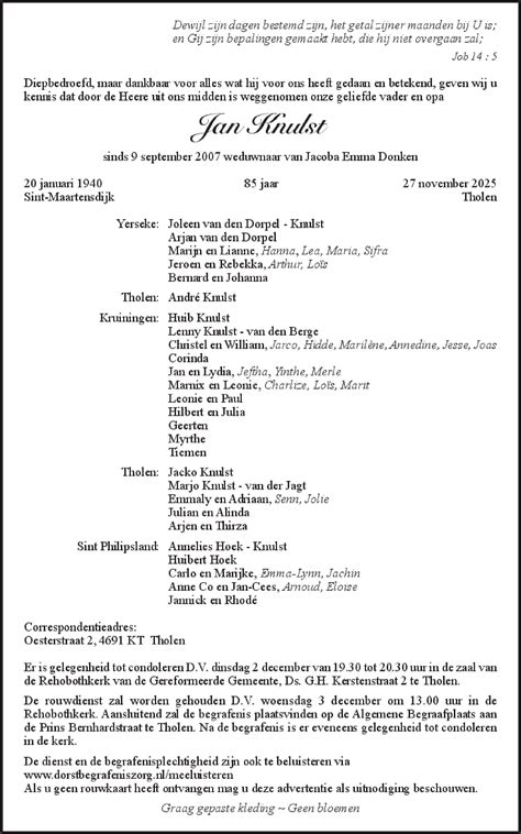 Jan Knulst 27 November 2025 • Overlijdensbericht En Condoleances