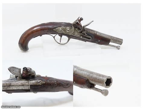 1700s Dainty European Antique Flintlock Pistol Carved Stock 32 Caliber