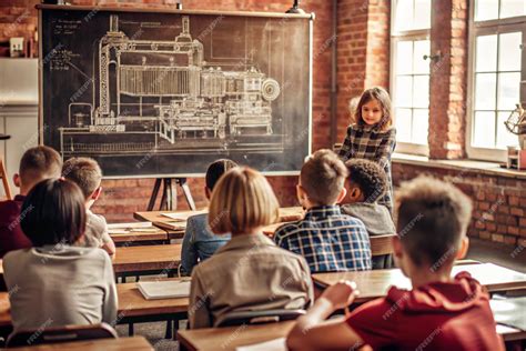 School Classroom With Modern Engine Blueprint On Blackboard And