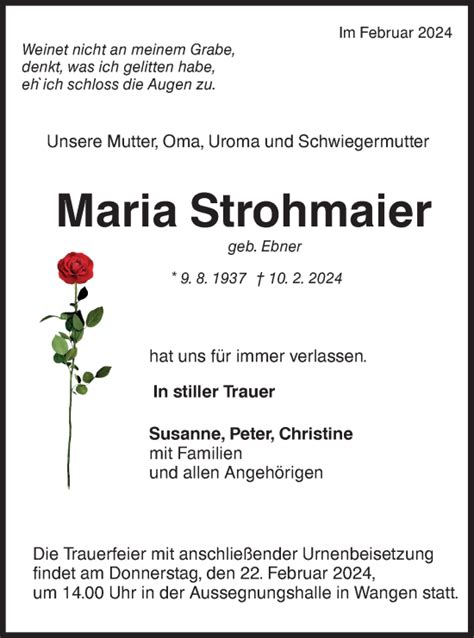 Traueranzeigen Von Maria Strohmaier Südwest Presse Trauer