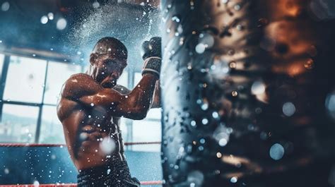 Premium Photo A Boxer Training On A Punching Bag Sweat Flying As They