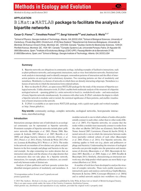 Pdf Bimat A Matlab Package To Facilitate The Analysis Of Bipartite