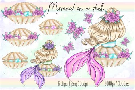 Mermaid Clipart Seashells And Flowers Graphic By Lervik · Creative Fabrica