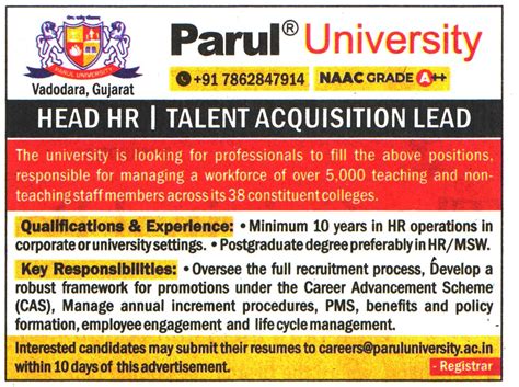 Parul University Vadodara Gujarat Recruitment For Head Hr