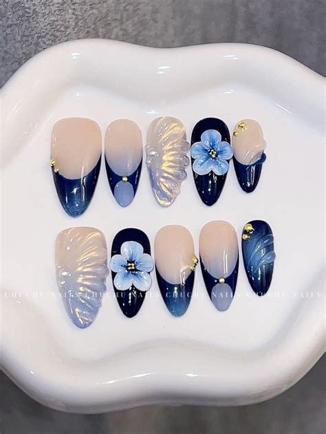 Midnight Wave Ocean Blue Flower Nails Hawaii Flower Plumeria