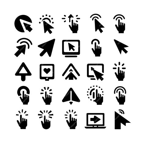 화살표 웹 커서 세트 컴퓨터 포인터 클릭 아이콘 클릭 화살표 또는 손 커서 실루 프리미엄 벡터