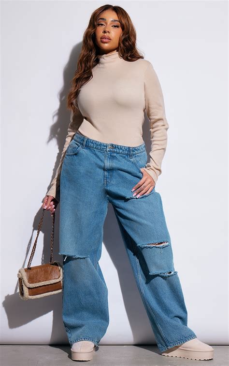 Plus Stone Basic Rib Long Sleeve Bodysuit Plus Size