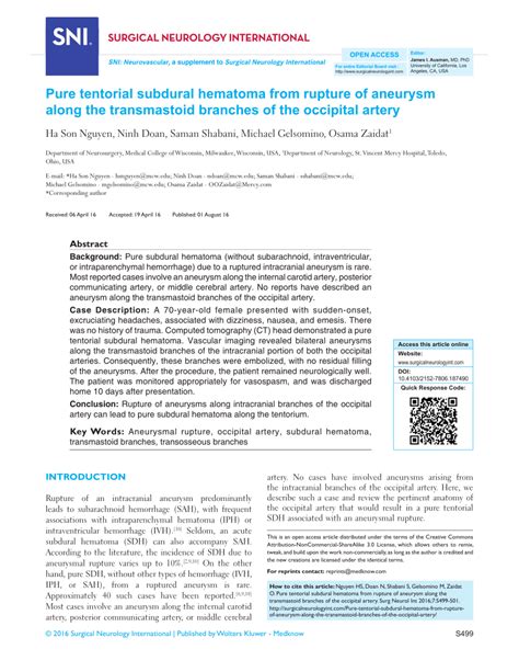 Pdf Pure Tentorial Subdural Hematoma From Rupture Of Aneurysm Along The Transmastoid Branches