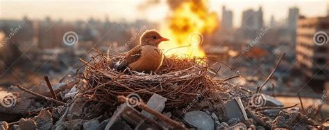 A Bird Resilience Building A Nest Amidst Urban Rubble A Symbol Of Recovery And The Unwavering
