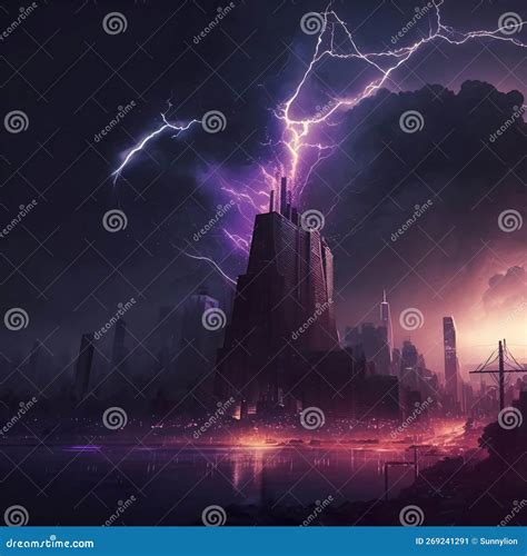 A Bright Flash Of Lightning Over The City Urban Fantasy Landscape Stock Illustration