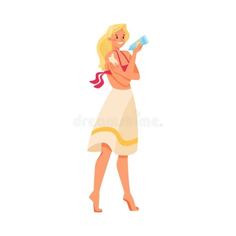 Woman Character Standing On Beach Sunbathing Applying Sunscreen Vector Illustration Stock Vector