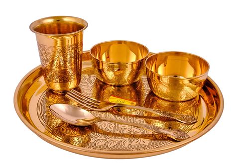 Pure Brass Thali Set Dinner Set Engraved Flowers Design 6 Pieces