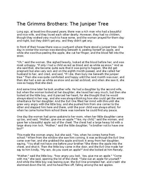The Grimms Brothers The Juniper Tree By Mrs Longs Room Tpt