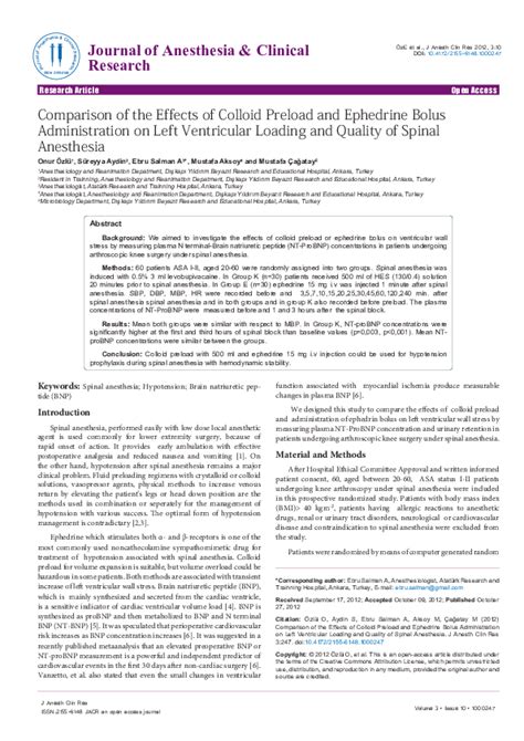 Pdf Comparison Of The Effects Of Colloid Preload And Ephedrine Bolus