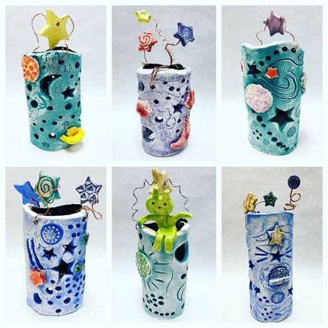 Colorful Clay Vases With Stars And Circles Clay Projects Elementary