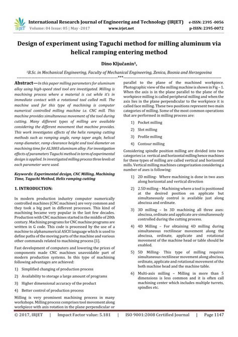 Pdf Design Of Experiment Using Taguchi Method For Milling Design