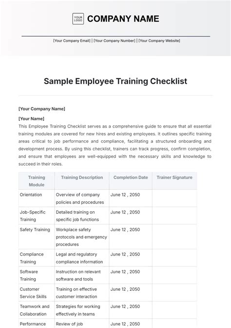 Free Sample Employee Training Checklist Template To Edit Online