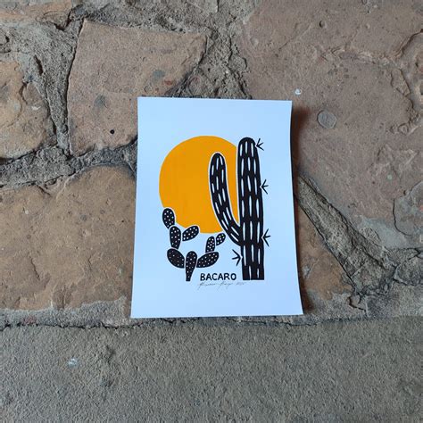 Xilogravura Bacaro Borges Colorida Cactos E Sol Amarelo