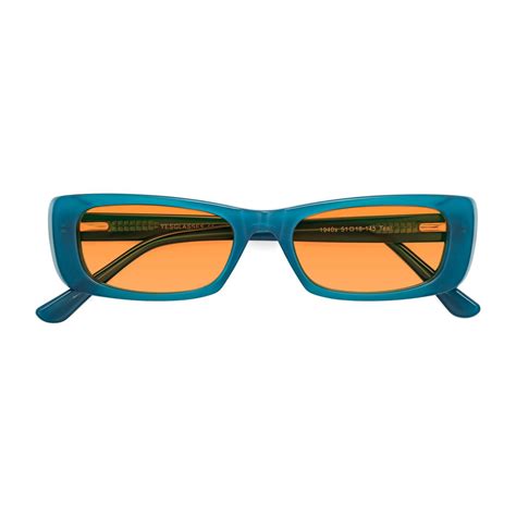 Teal Retro Vintage Grandpa Rectangle Tinted Sunglasses With Orange