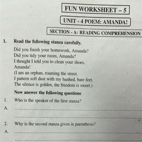 Fun Worksheet 5 Unit 4 Poem Amanda Section A Reading Comprehensi