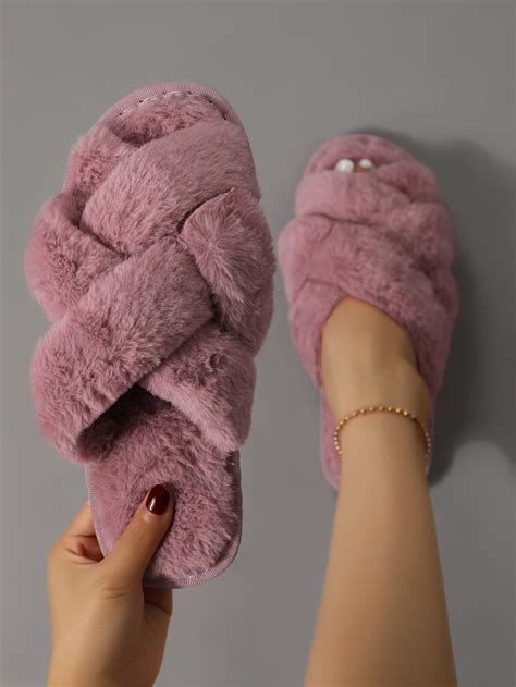 Pantuflas De Dormitorio De Color Liso Empalmadas De Moda Rosa Para