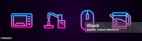 세트 라인 전자 레인지 로봇 로봇 팔 손 공장 컴퓨터 마우스 및 전기 주전자 빛나는 네온 아이콘입니다 벡터 가정 생활에 대한 스톡 벡터 아트 및 기타 이미지 Istock