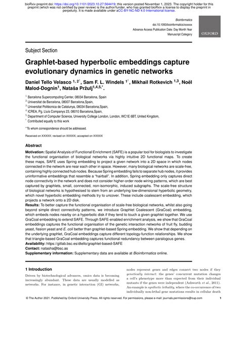 Pdf Graphlet Based Hyperbolic Embeddings Capture Evolutionary Dynamics In Genetic Networks