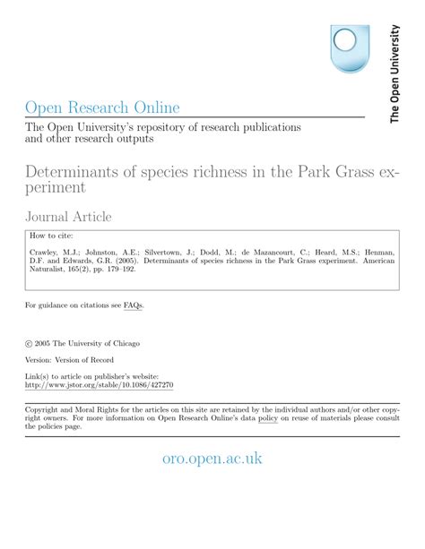 Pdf Determinants Of Species Richness In The Park Grass Experiment