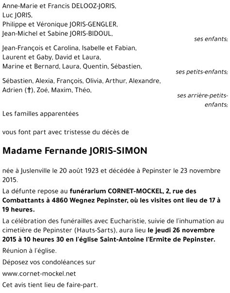 Avis De Décès De Fernande Simon Décédé Le 23112015 à Pepinster Annonce Condoléances Fleurs