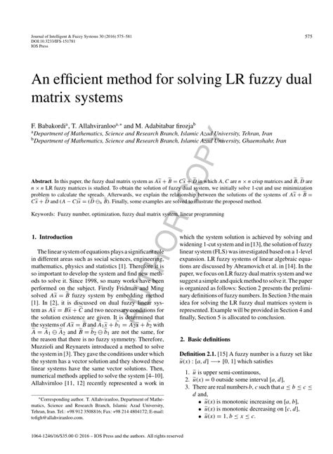 Pdf An Efficient Method For Solving Lr Fuzzy Dual Matrix Systems