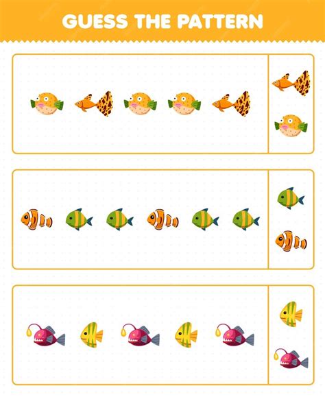 아이들을 위한 교육 게임은 귀여운 만화 물고기 인쇄 가능한 수중 워크시트에서 각 행의 패턴을 추측합니다 프리미엄 벡터