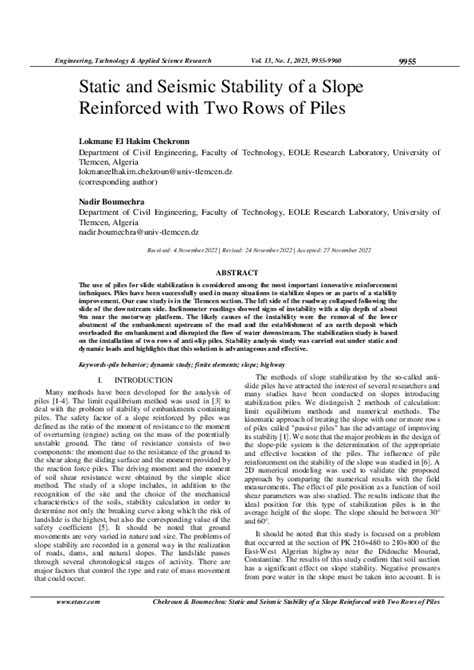 Pdf Static And Seismic Stability Of A Slope Reinforced With Two Rows