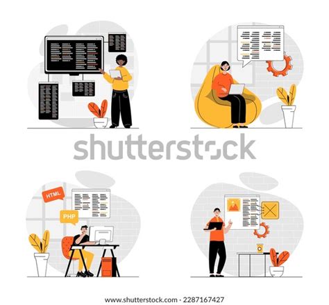 Programming Concept Character Set Collection Scenes Stock Vector Royalty Free
