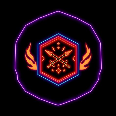 Glowing Neon Surrounding A Hexagonal Badge With Flame Shaped Outlines Inside Is Decorated With