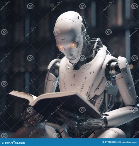the robot is reading a book in the library ai generative stock